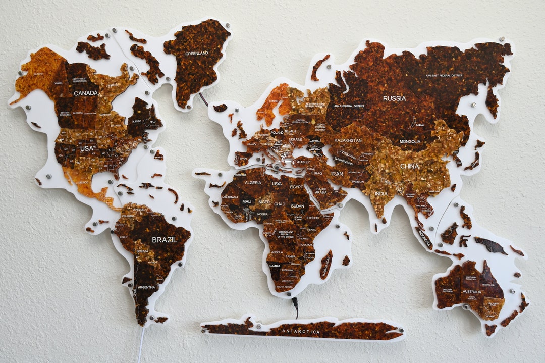 Amber World Map Wall Art Natural Amber Travel Map Led World Map Above ...