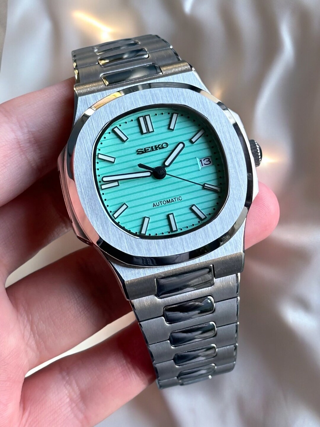 Steel Insert Watch Seiko Mod Nautilus Tiffany Blue Dial 40mm Divers ...