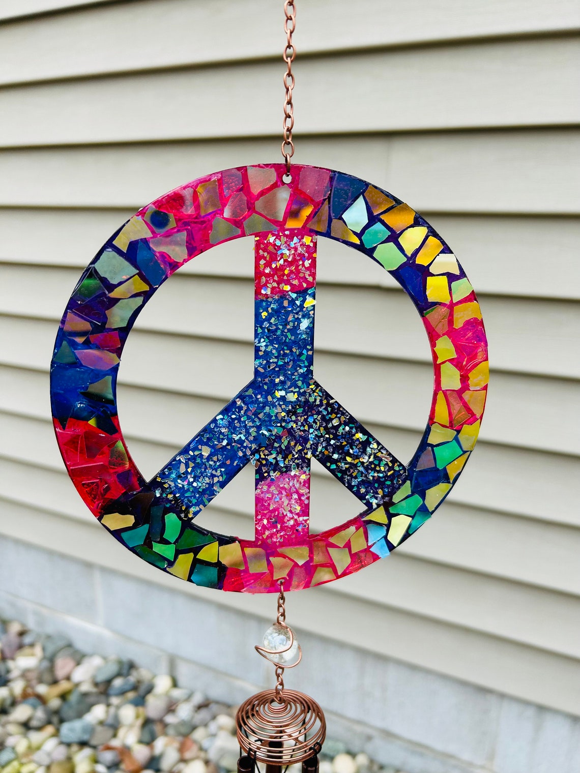 Peace Sign Windchime .. Blingthingzbylori.. Whirligigs Wind Spinner ...