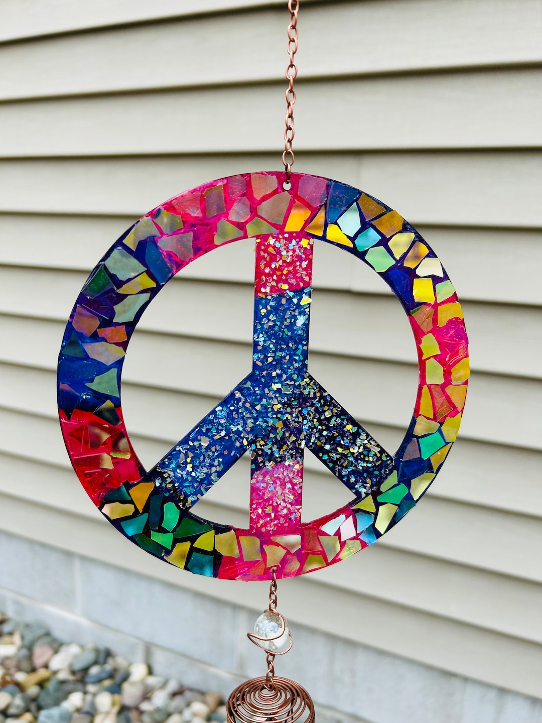 Peace Sign Wind Chime .. Blingthingzbylori.. Whirligigs Wind Spinner ...