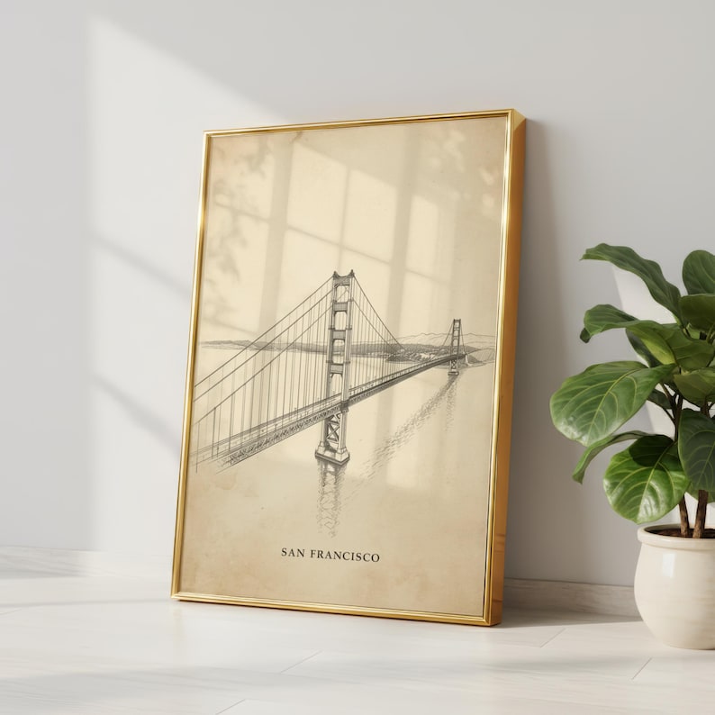 Golden Gate Bridge Sketch Wall Art, Portrait San Francisco Line Drawing ...