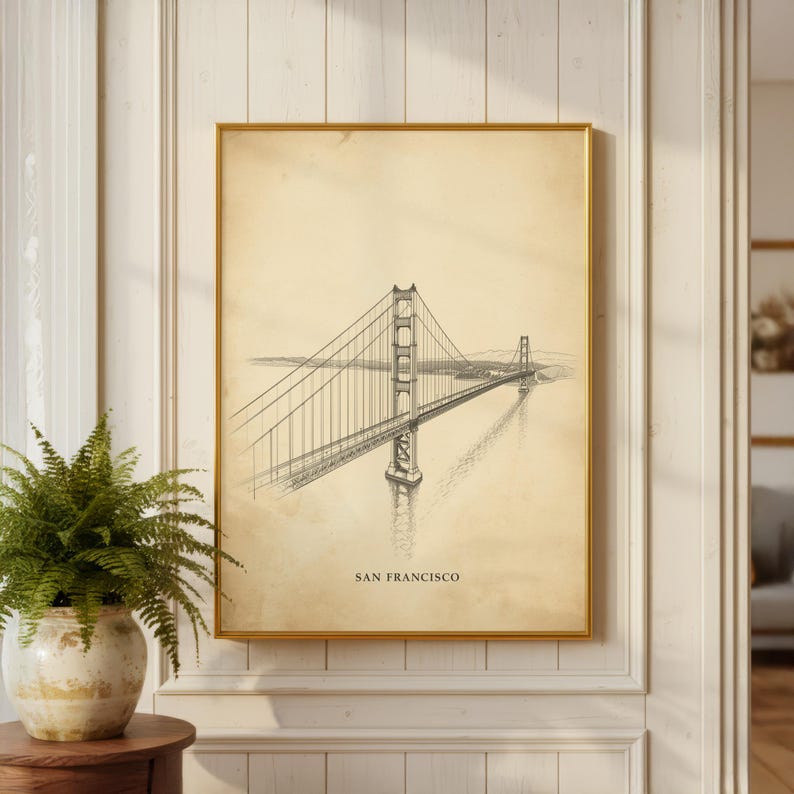 Golden Gate Bridge Sketch Wall Art, Portrait San Francisco Line Drawing ...