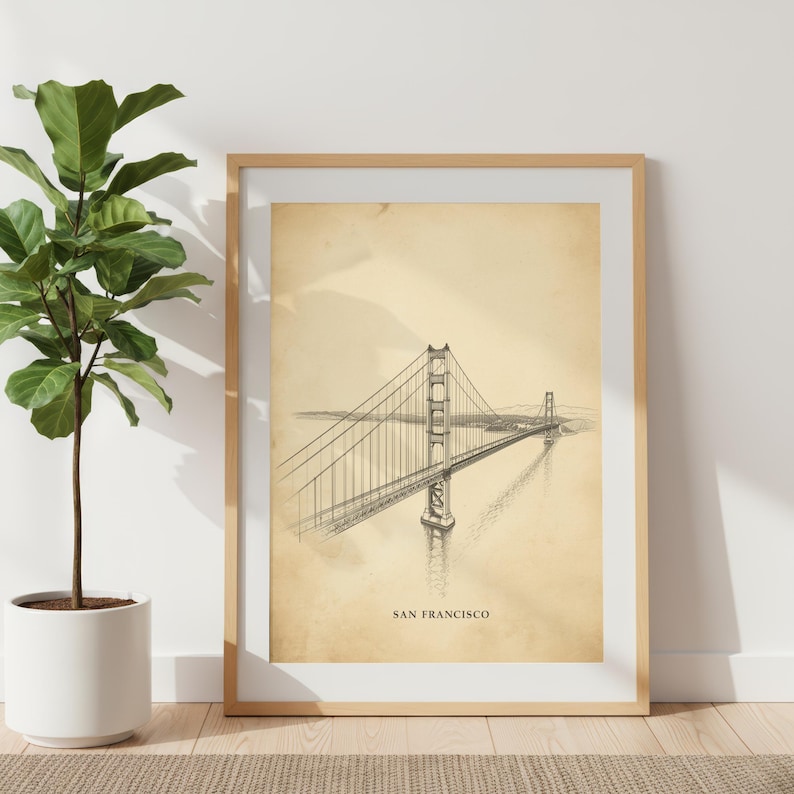 Golden Gate Bridge Sketch Wall Art, Portrait San Francisco Line Drawing ...