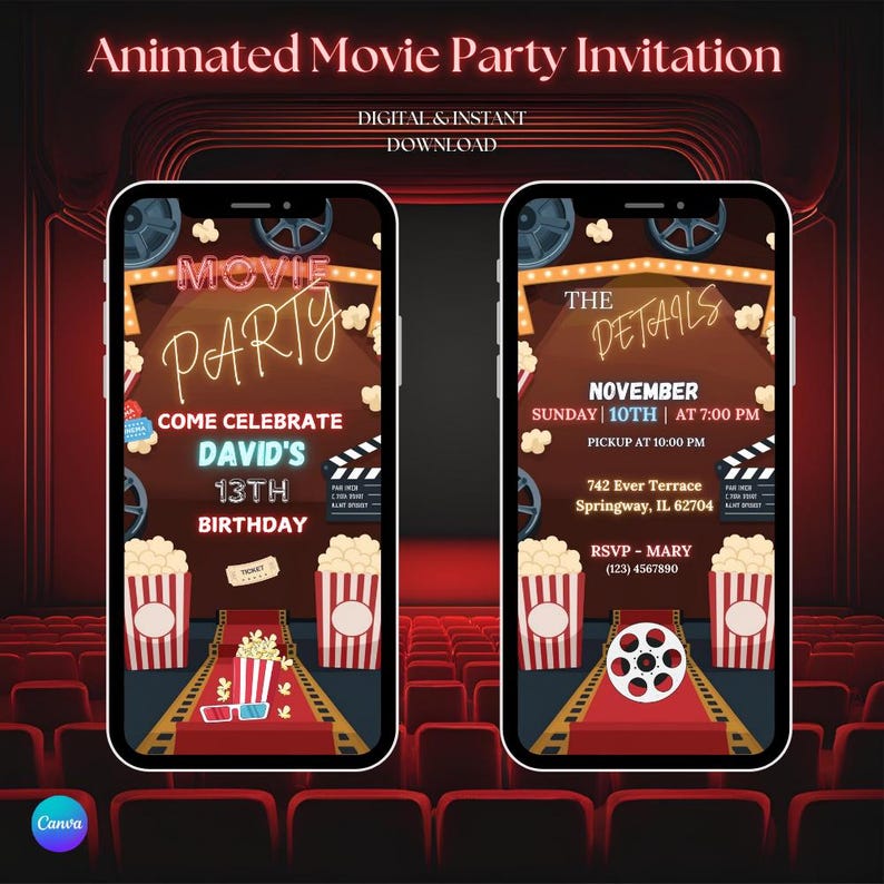 Digital Movie Party Invitation | Animated & Editable Film Night ...