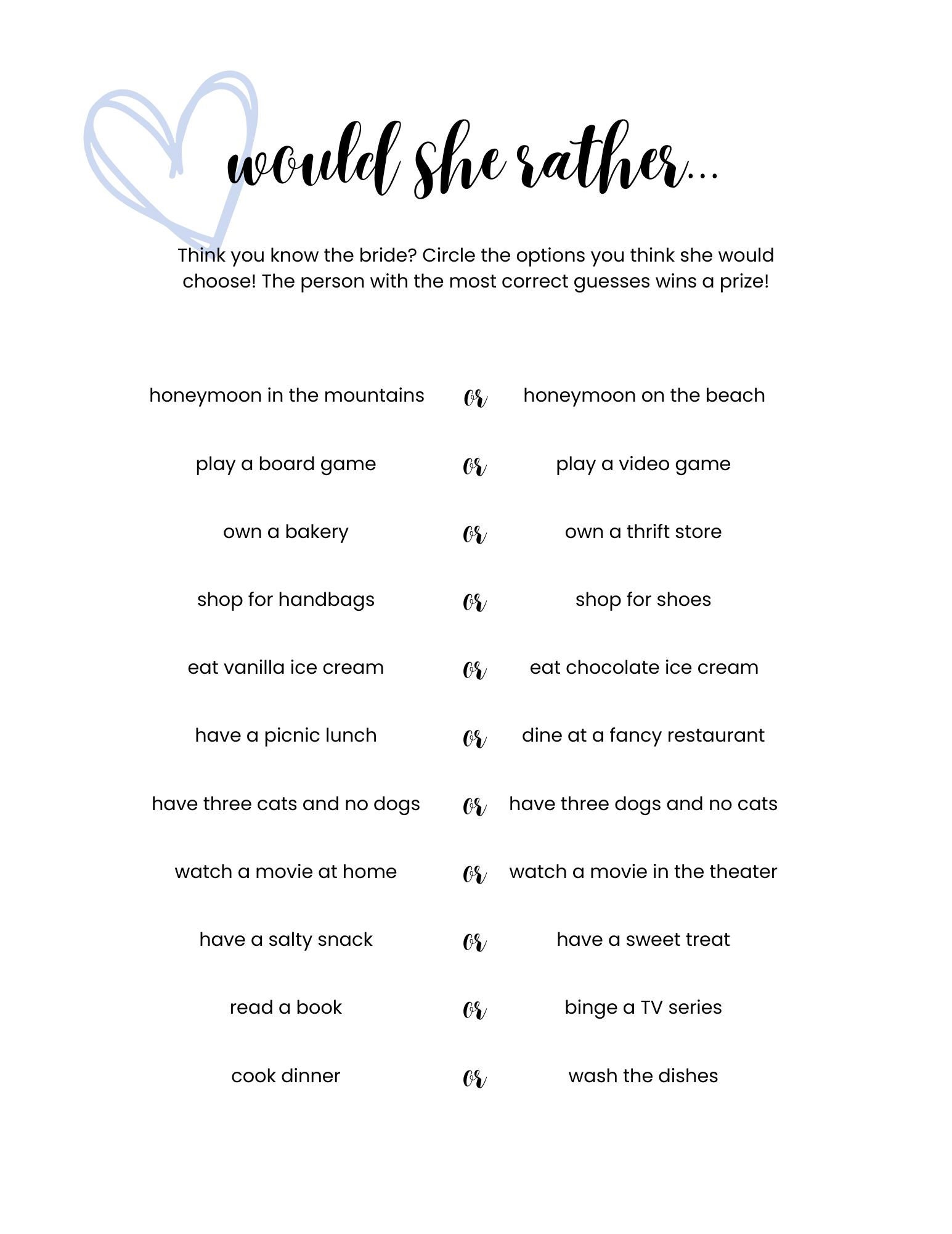 Printable Bridal Shower Game Template Would She Rather Game Editable
