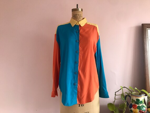 1990's Color Block Button Up Shirt - Gem