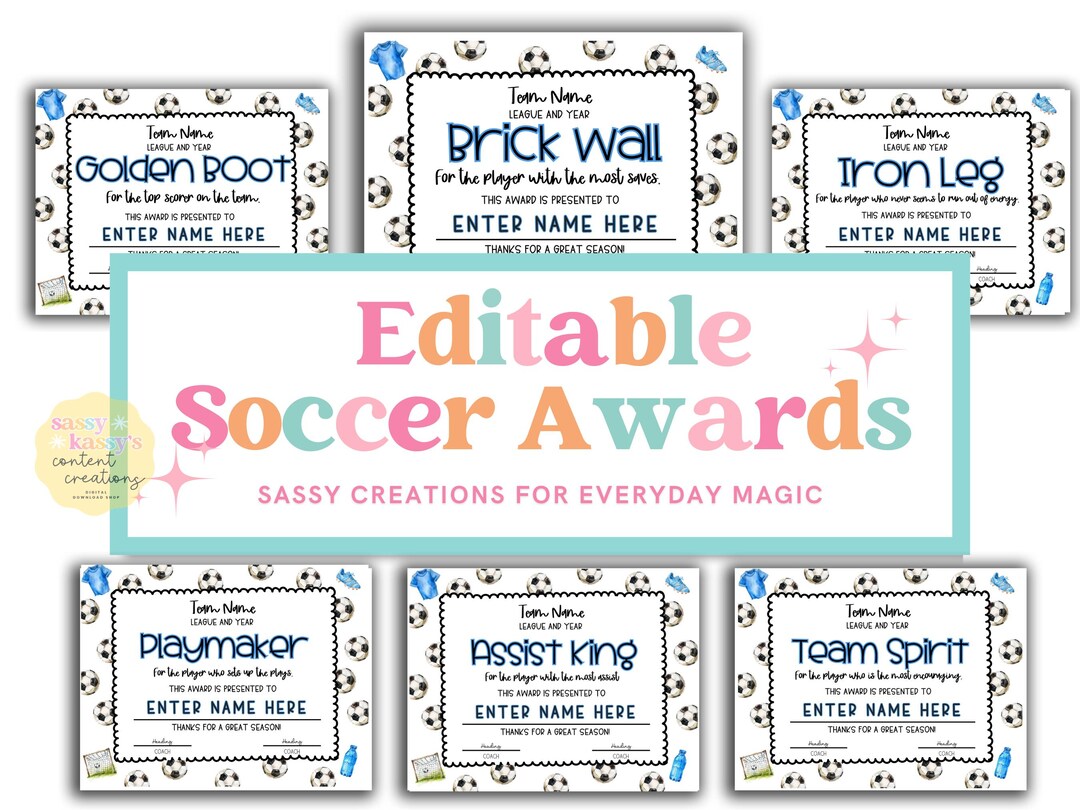 Editable Soccer Awards - BLUE Soccer Theme | Printable Soccer ...