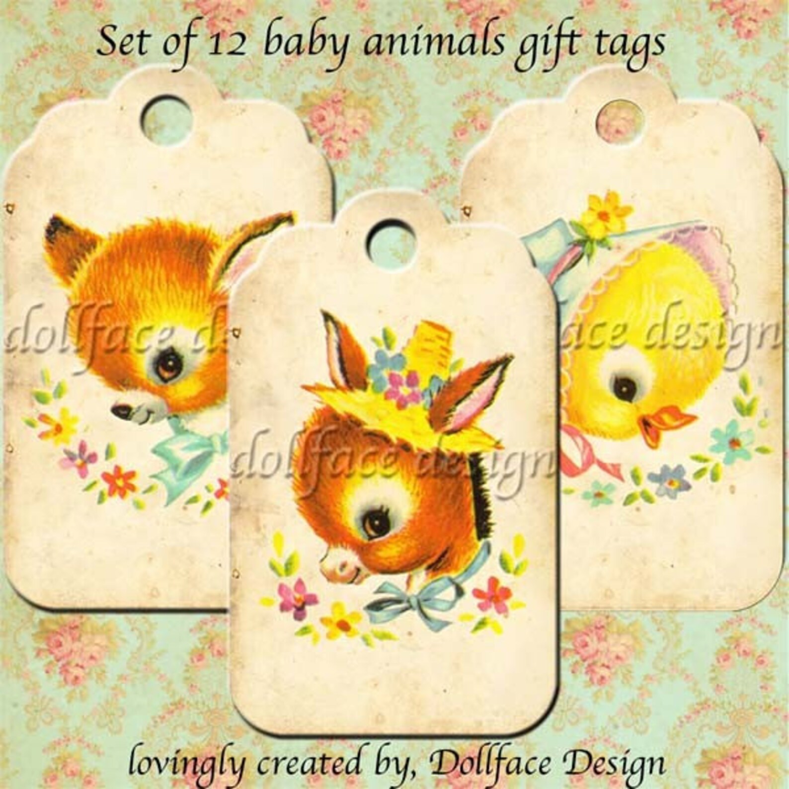 INSTANT DOWNLOAD - Kawaii Vintage Baby Animals Gift Tags - Printable ...
