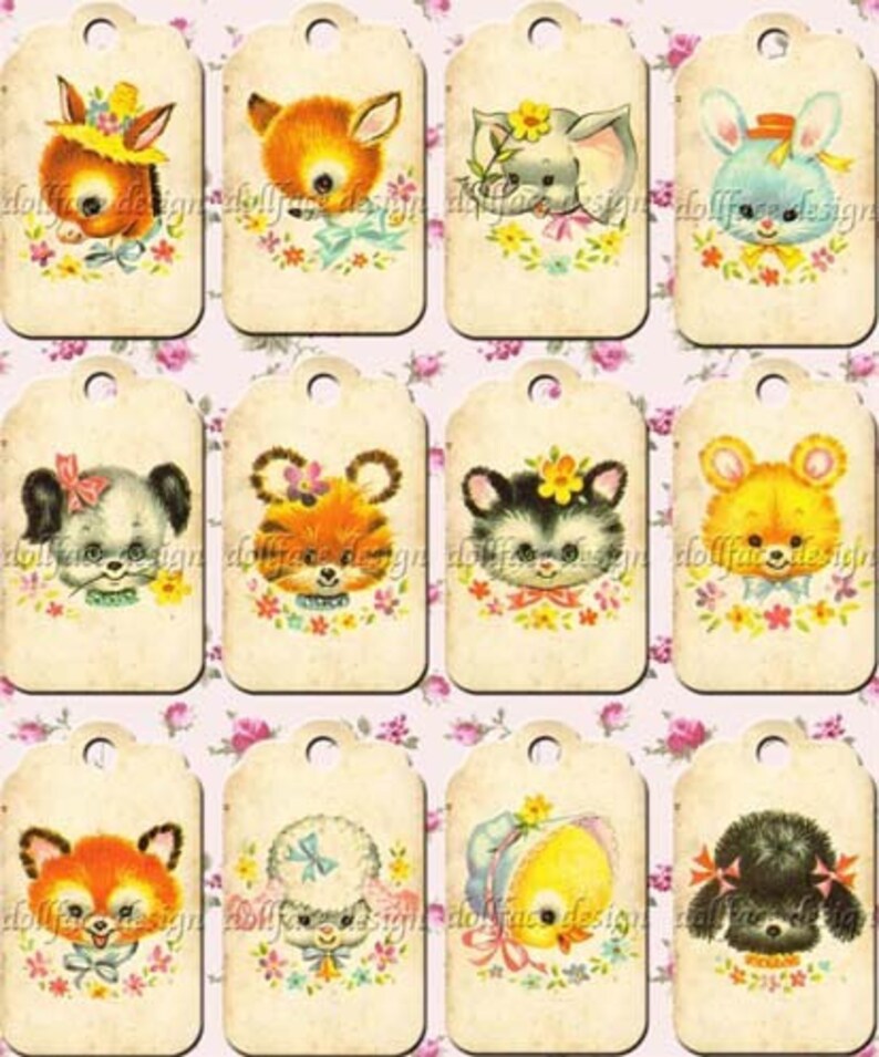 INSTANT DOWNLOAD - Kawaii Vintage Baby Animals Gift Tags - Printable ...