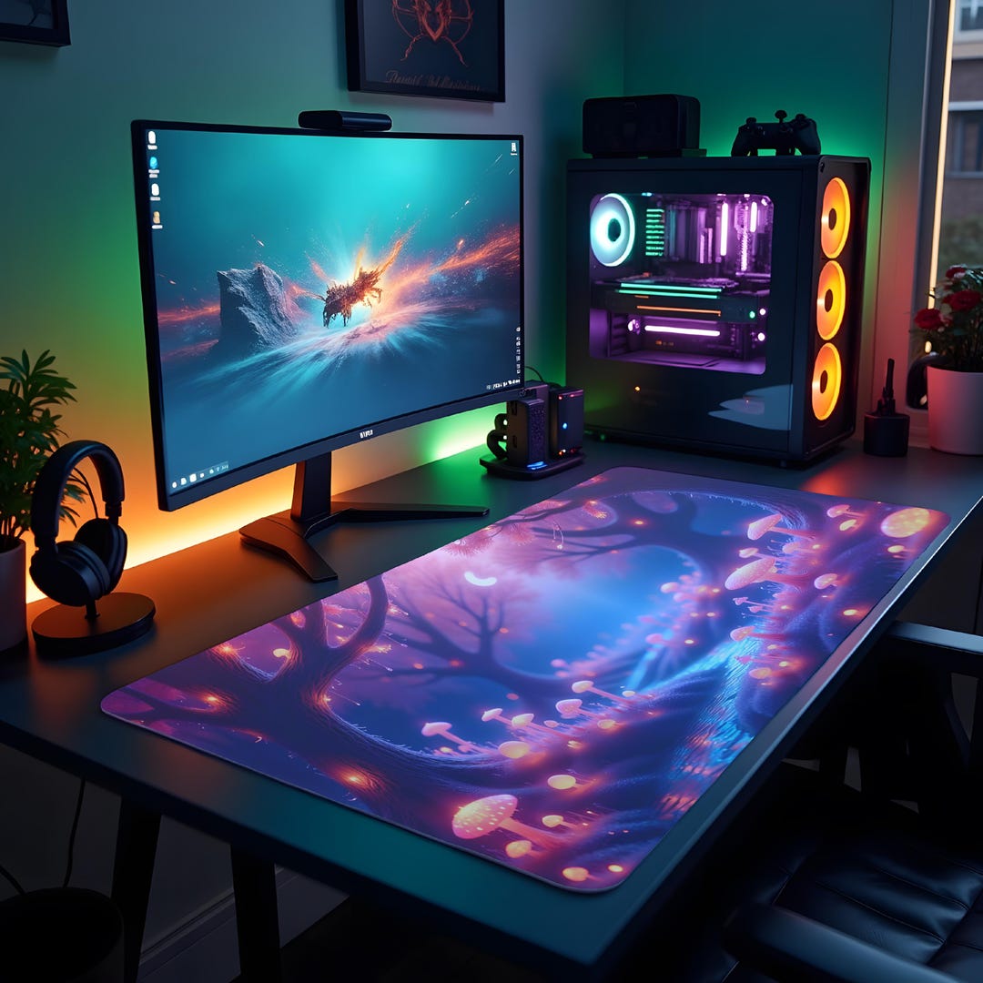 Glowing Forest Desk Mat: Bioluminescent Plants, Serene River - Gamer ...