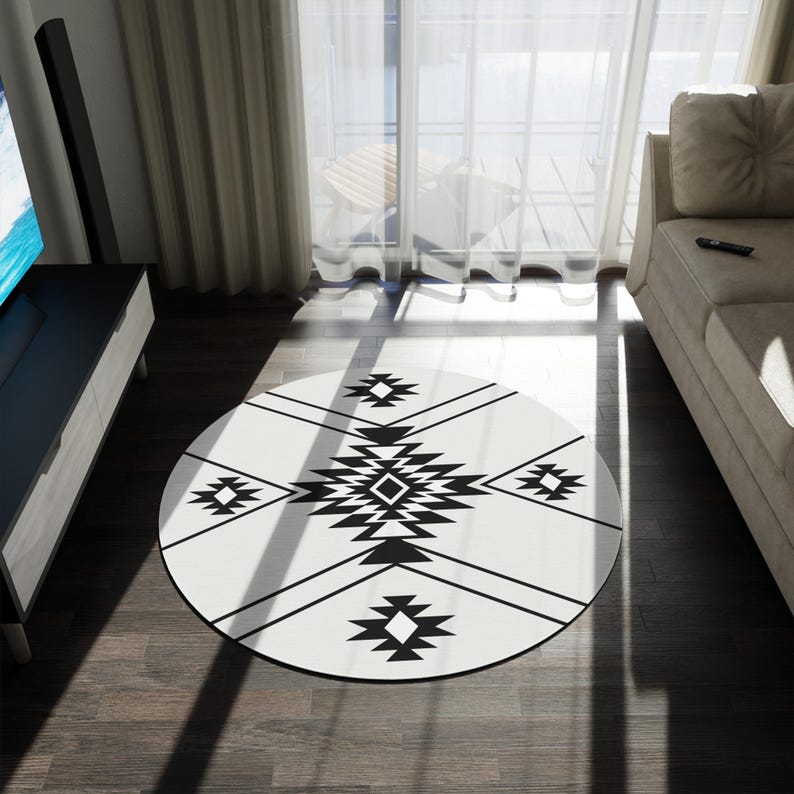 Southwest Tribal Round Rug, Black and Off-white Area Carpet, Home Decor ...