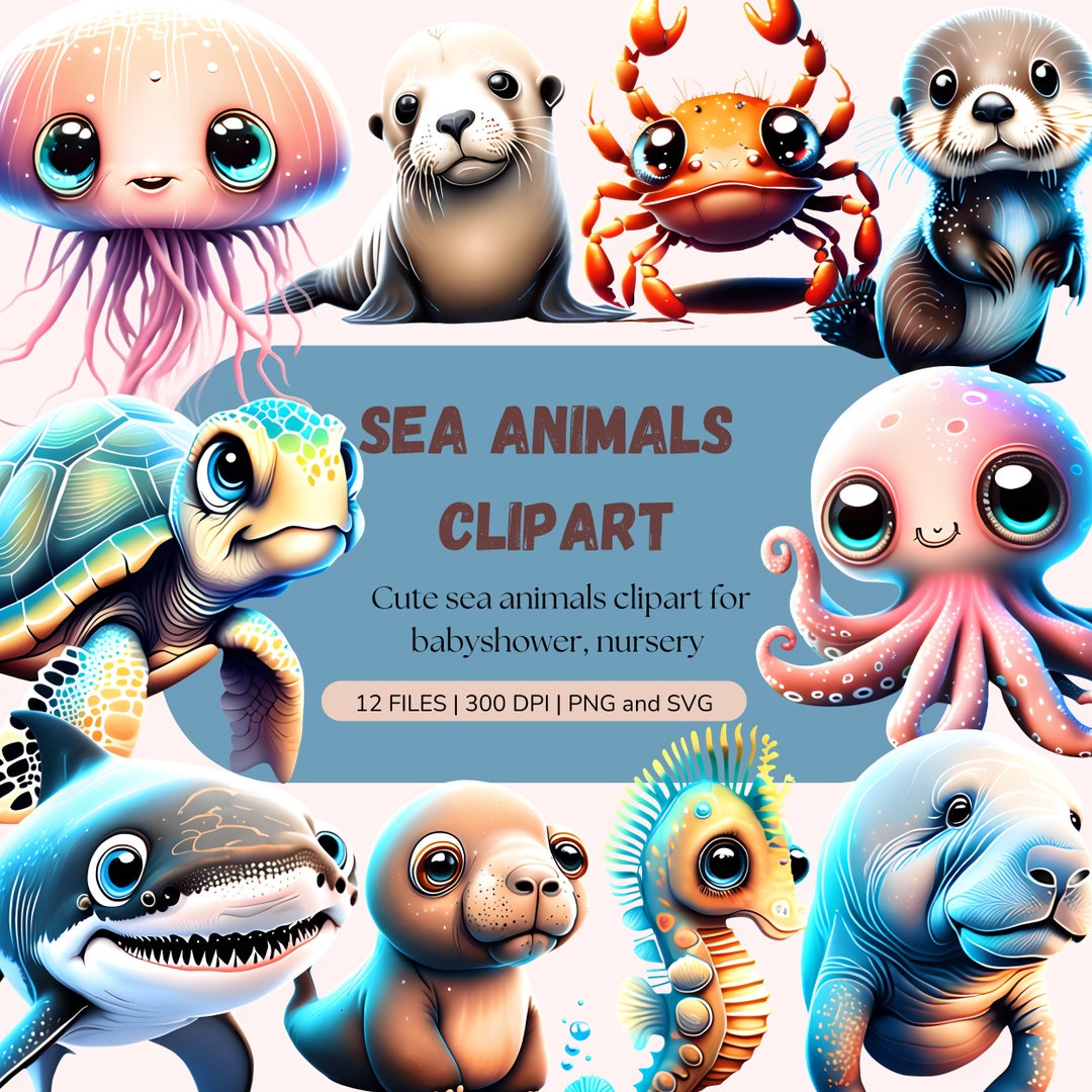 Cute Sea Animals PNG SVG Clip Art Baby Shower Nursery PNG Ocean Animals ...