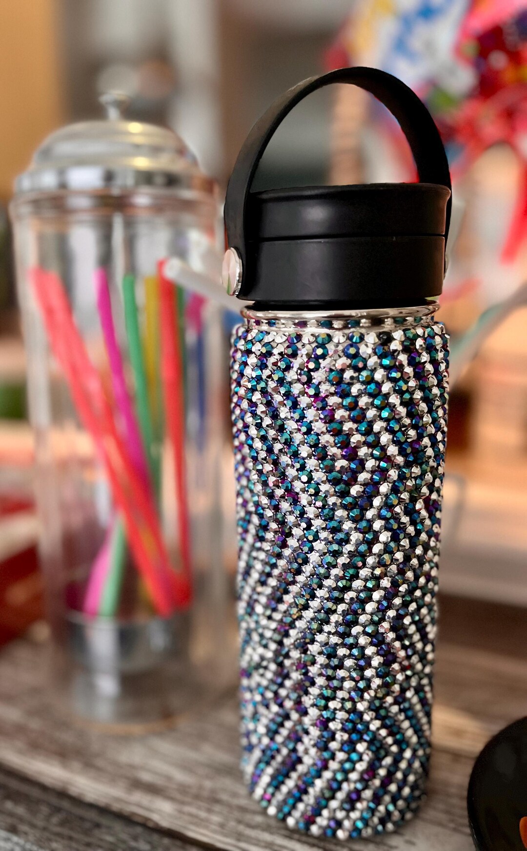 20oz Blinged Stainless Steel Water Bottle in Iridescent Black/blue, and ...