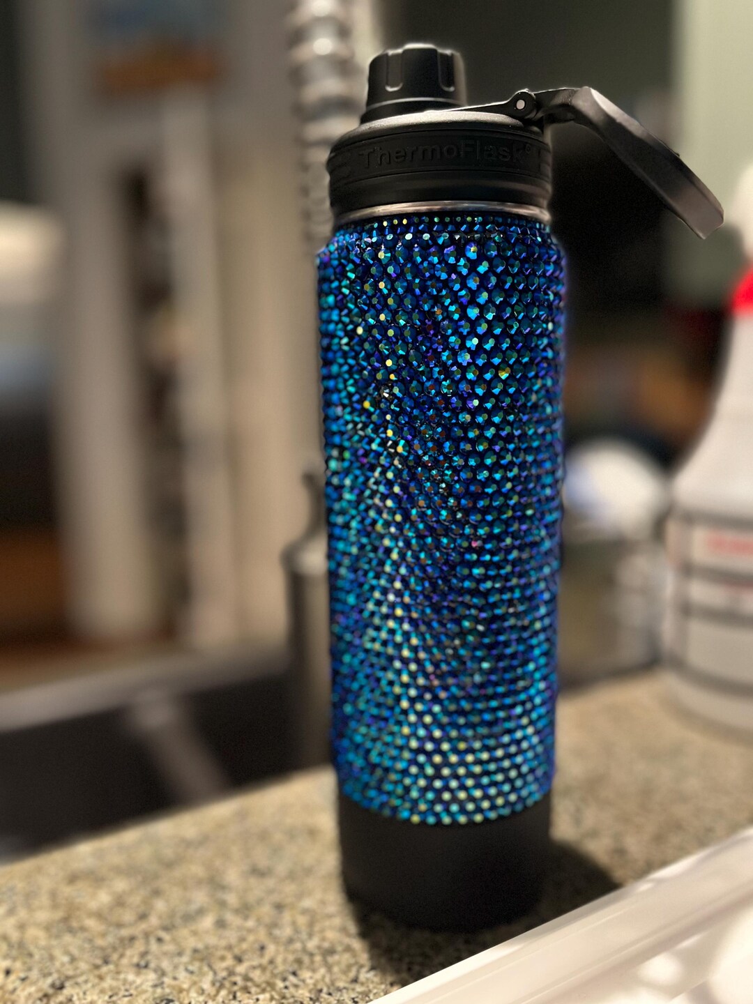 Dazzling Dark Blue 24oz Blinged Water Bottle With Screw Top Lid and ...