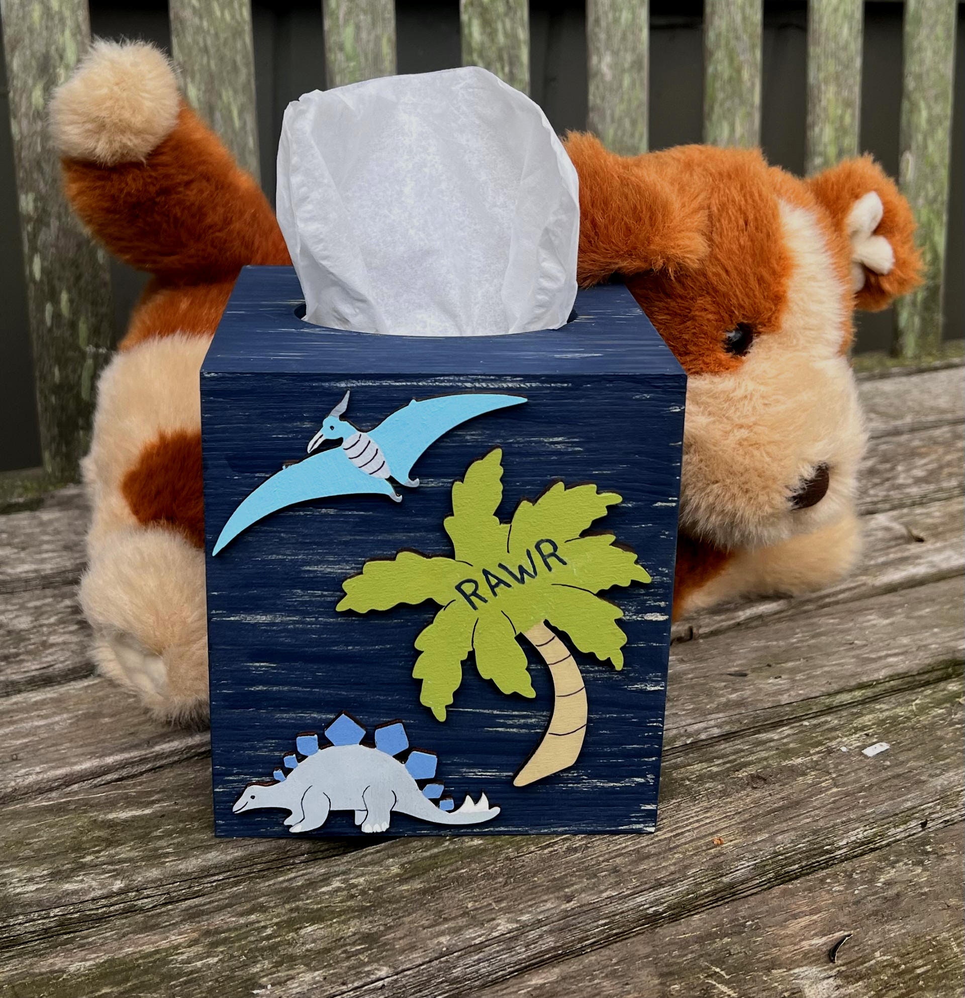 DINOSAUR Tissue Box Cover/hand Painted Wood/kids Bathroom/bedroom/navy ...
