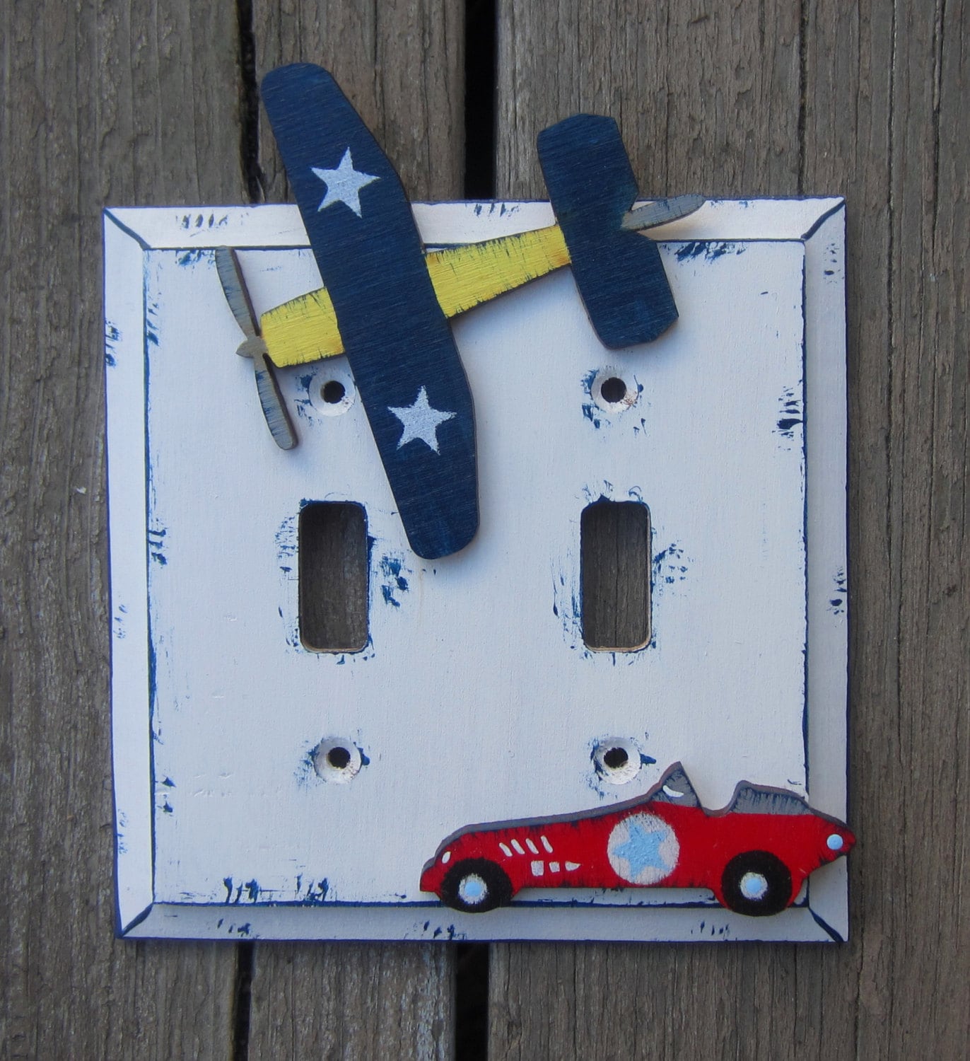 RACE CAR & AIRPLANE Kids Switch Plate Cover Original Hand Painted Wood ...