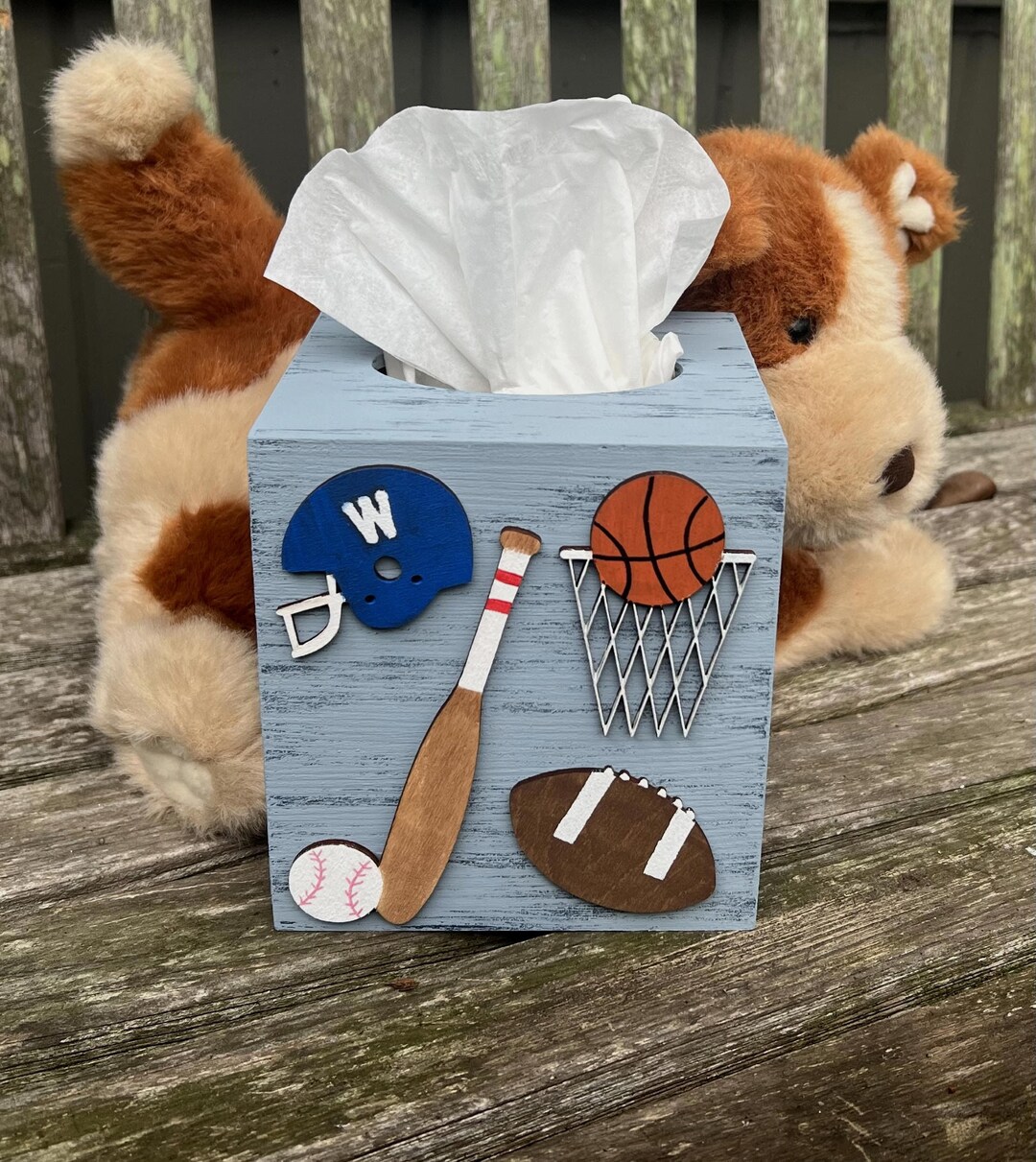 SPORTS EQUIPMENT Tissue Box Cover/hand Painted Wood/personalized Helmet ...