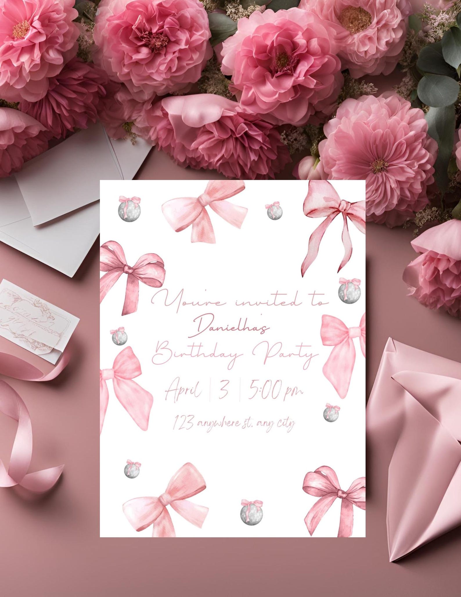 Pink Bows Invitation for Birthday Party / Editable Template / Instant ...