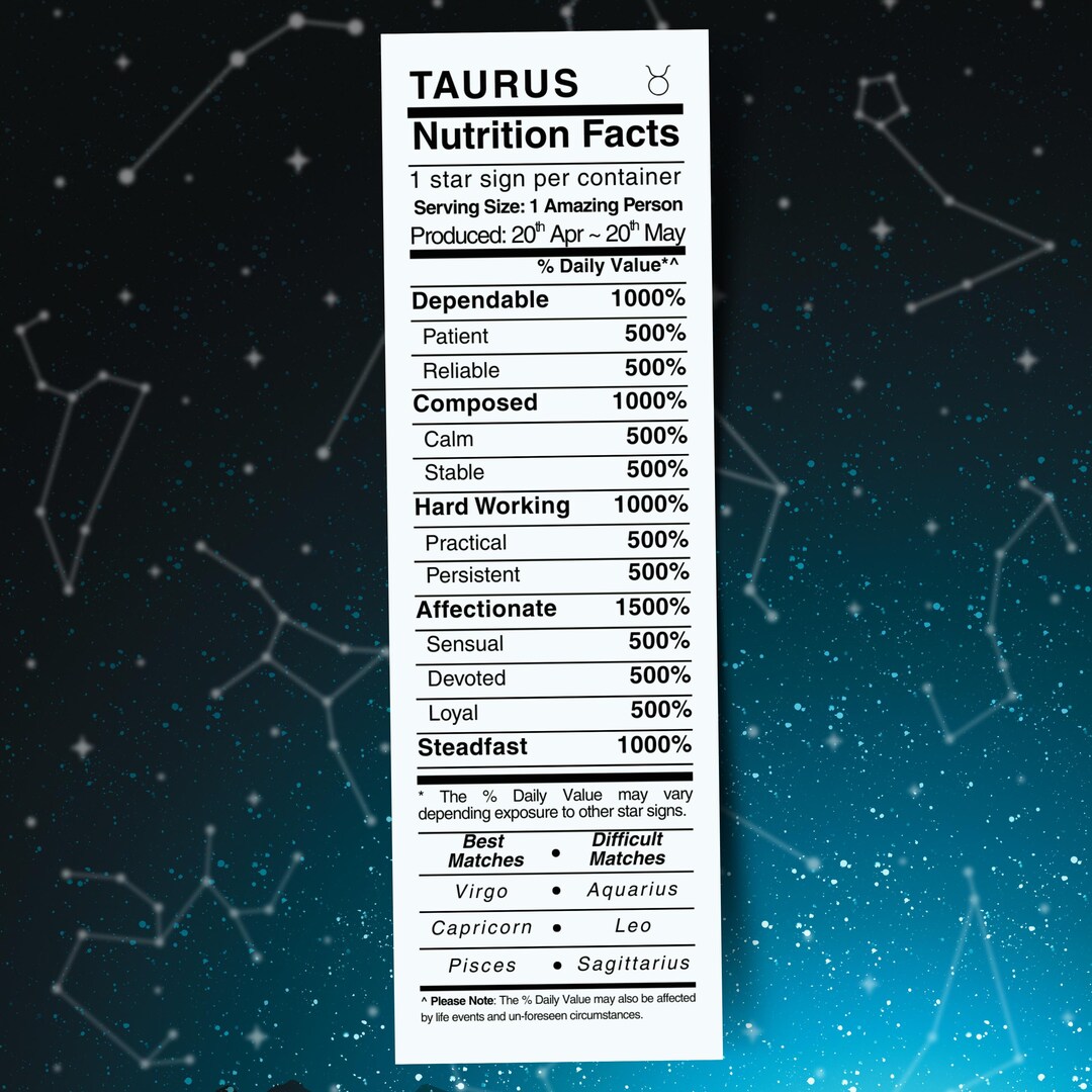 Taurus Zodiac Horoscope Bookmark ~ Nutritional Label ~ Personality ...