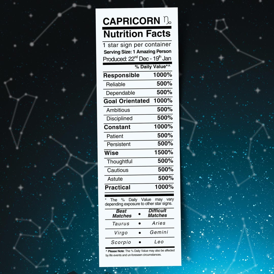 Capricorn Zodiac Horoscope Bookmark ~ Nutritional Label ~ Personality ...