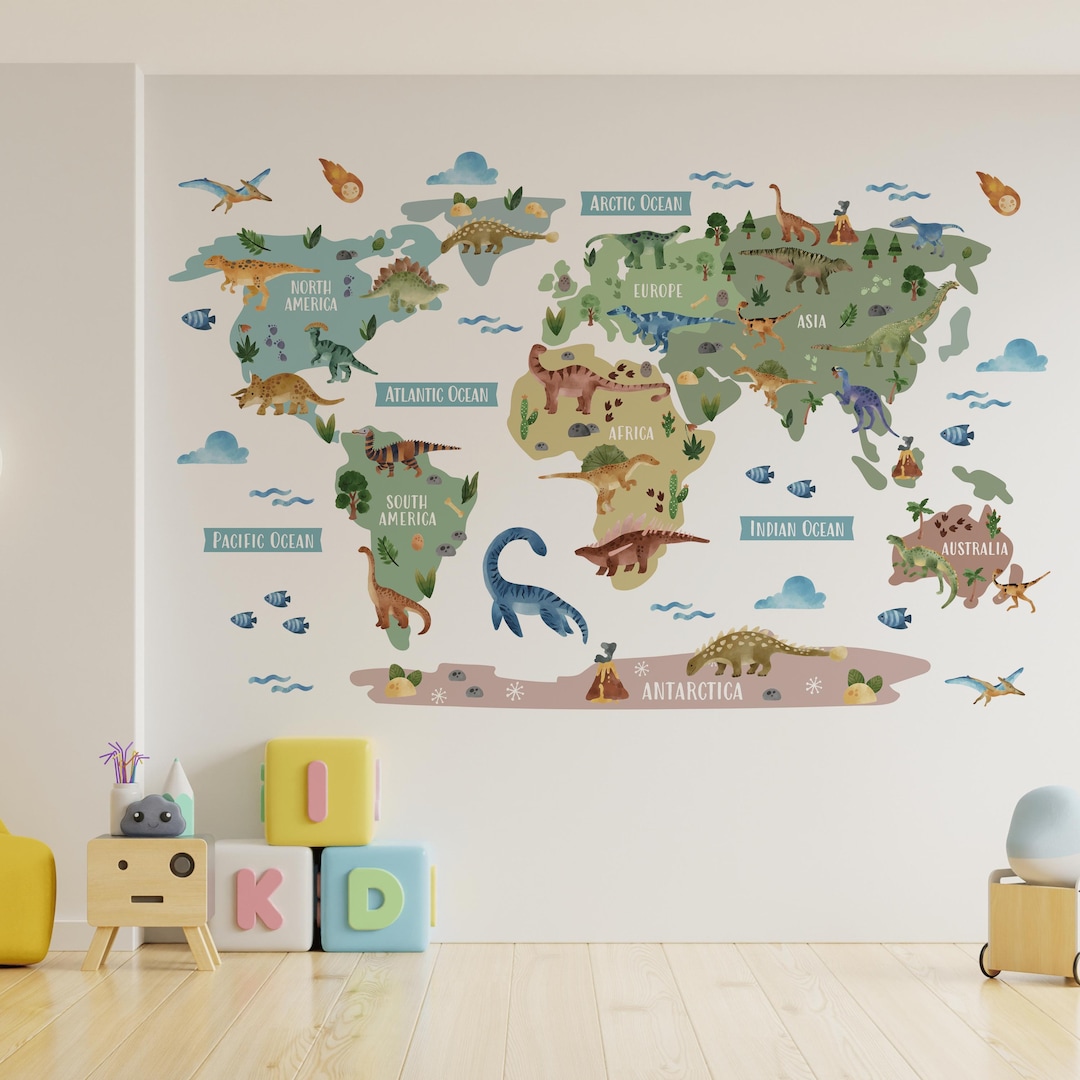 Dinosaur World Map Nursery Wall Sticker - Etsy
