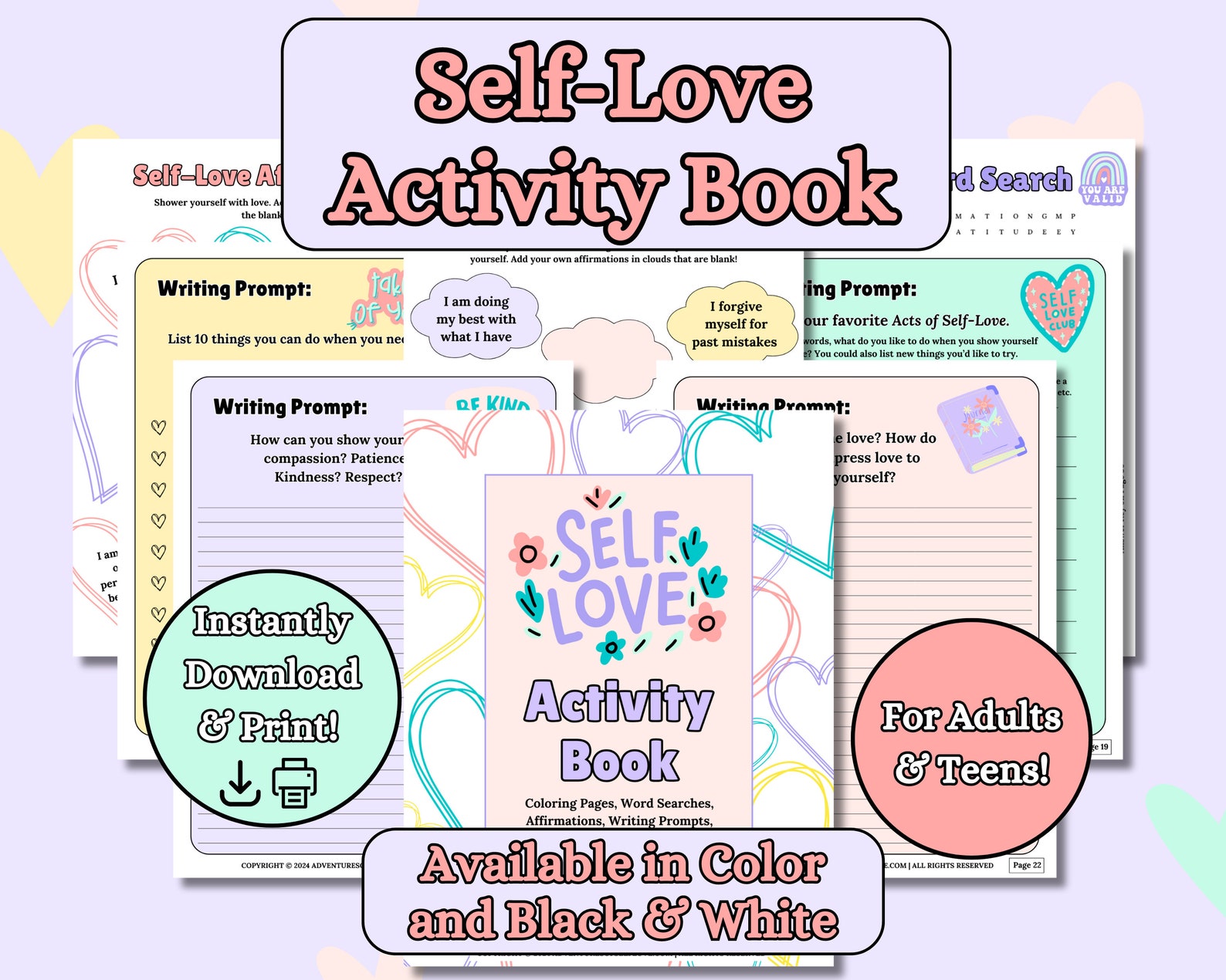 Self-love Activity Book Printable, Coloring Pages, Word Games, Adult ...