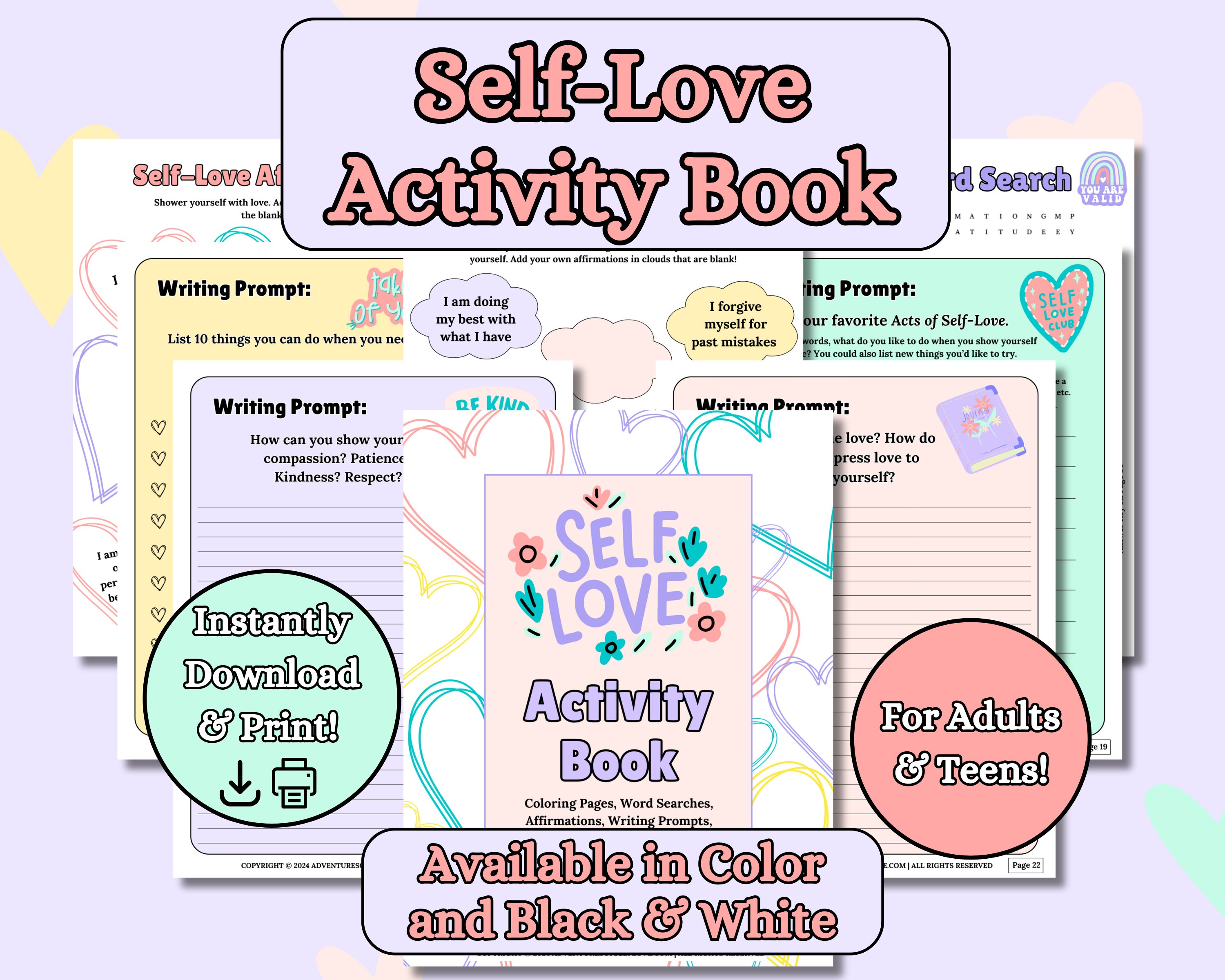 Self-love Activity Book Printable, Coloring Pages, Word Games, Adult ...