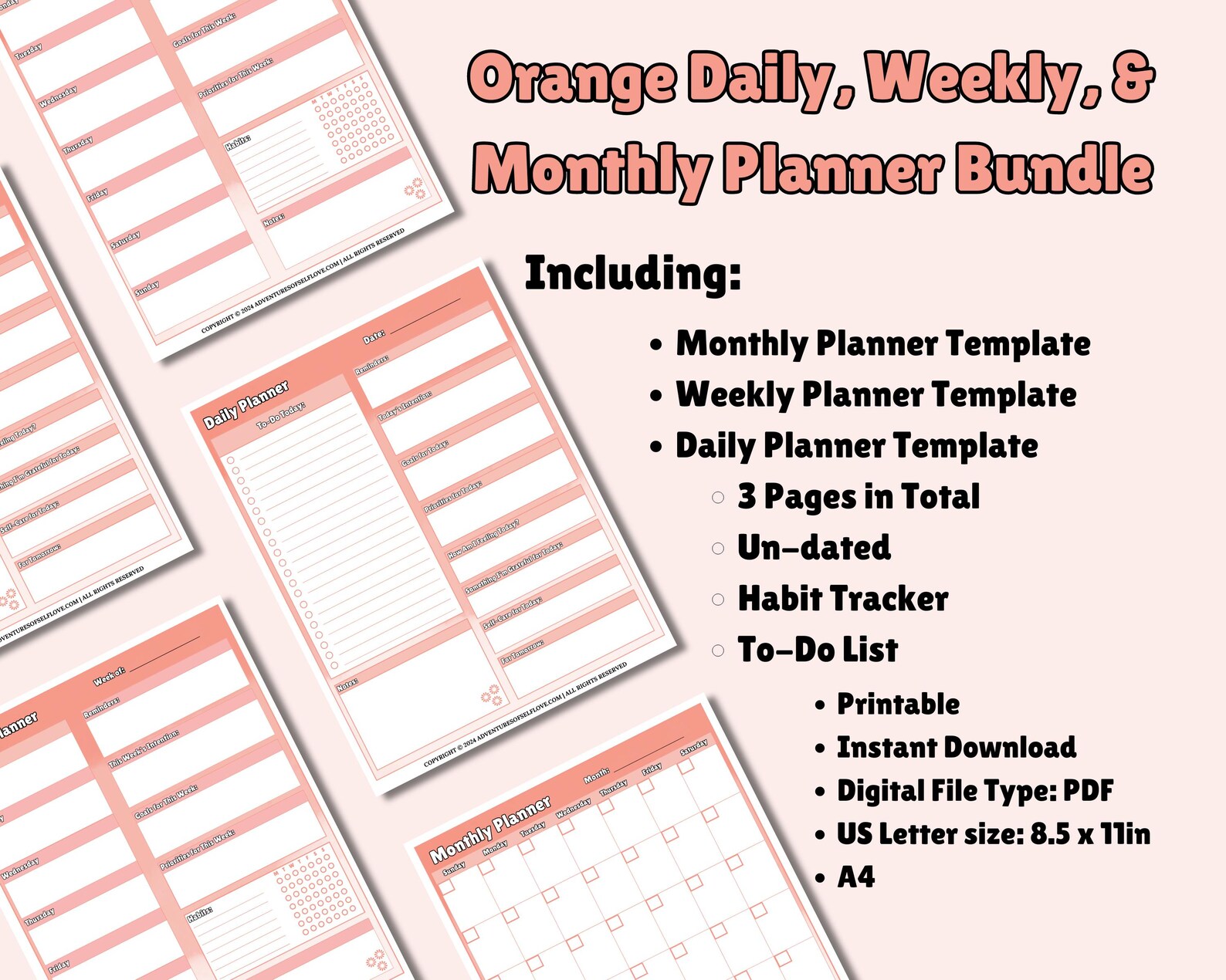 Daily Weekly Monthly Printable Planner Bundle, Orange Undated Planner ...
