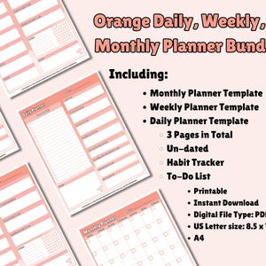 Daily Weekly Monthly Printable Planner Bundle, Orange Undated Planner ...