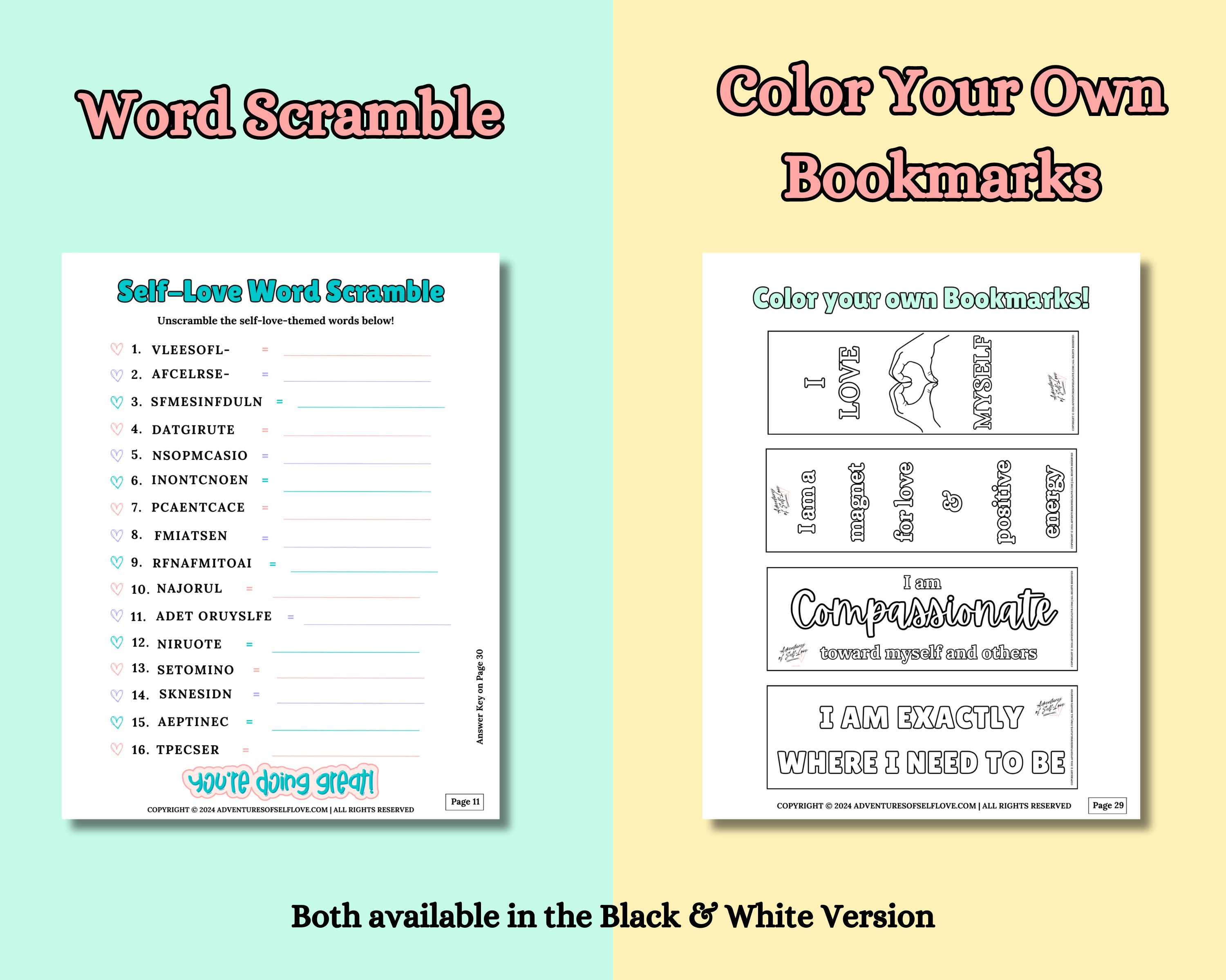 Self-love Activity Book Printable, Coloring Pages, Word Games, Adult ...