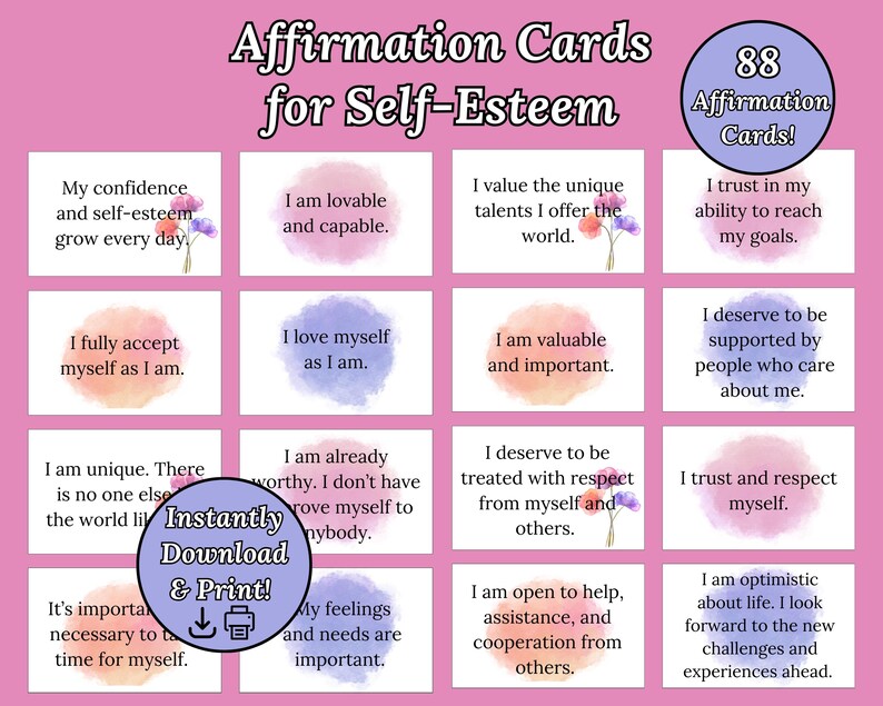 Affirmation Cards for Self Esteem, Printable Positive Daily ...