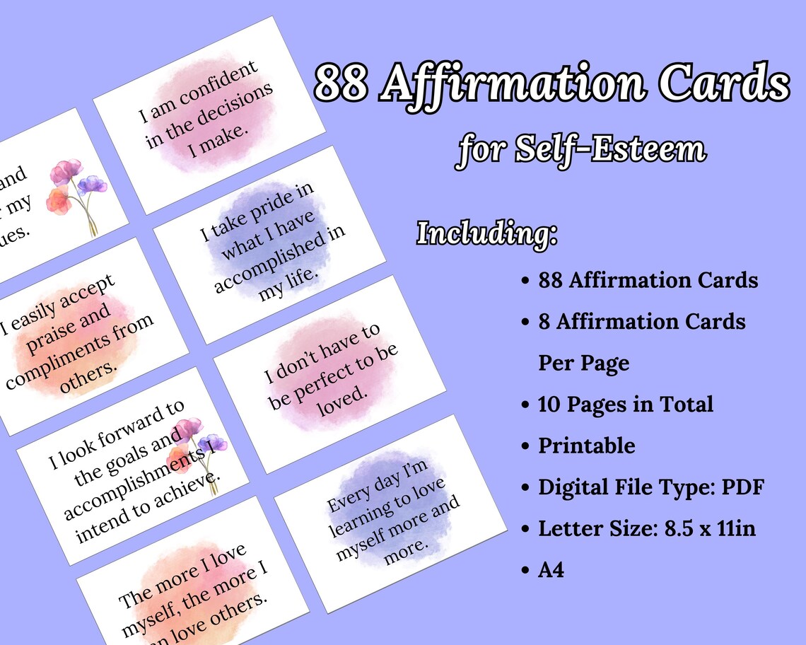 Self Esteem Affirmation Cards, 88 Printable Daily Affirmations (PDF) - Etsy