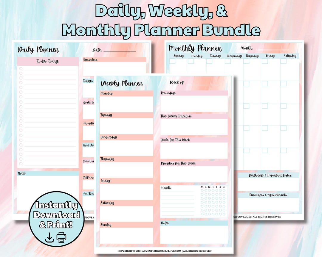 Daily Weekly Monthly Printable Planner Bundle, Undated Planner ...