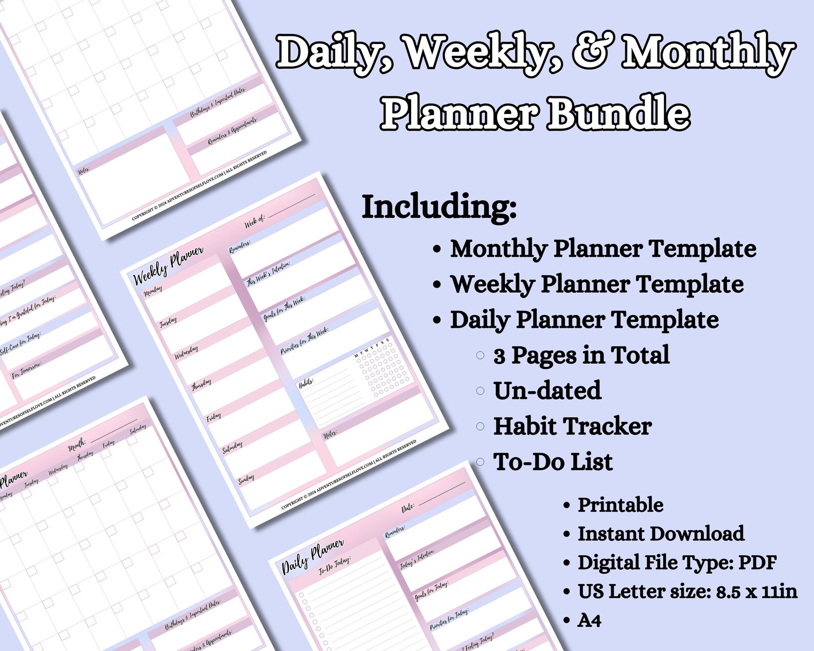 Daily Weekly Monthly Printable Planner Bundle, Pink, Purple, Undated ...