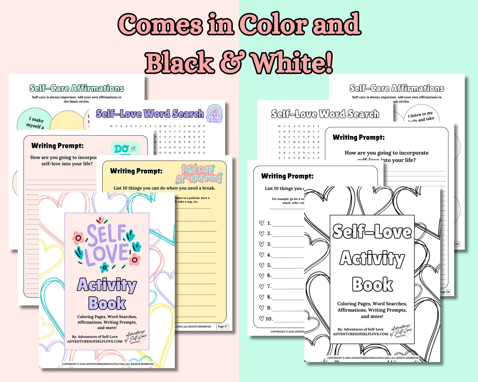 Self-love Activity Book Printable, Coloring Pages, Word Games, Adult ...