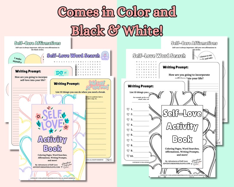 Self-love Activity Book Printable, Coloring Pages, Word Games, Adult ...