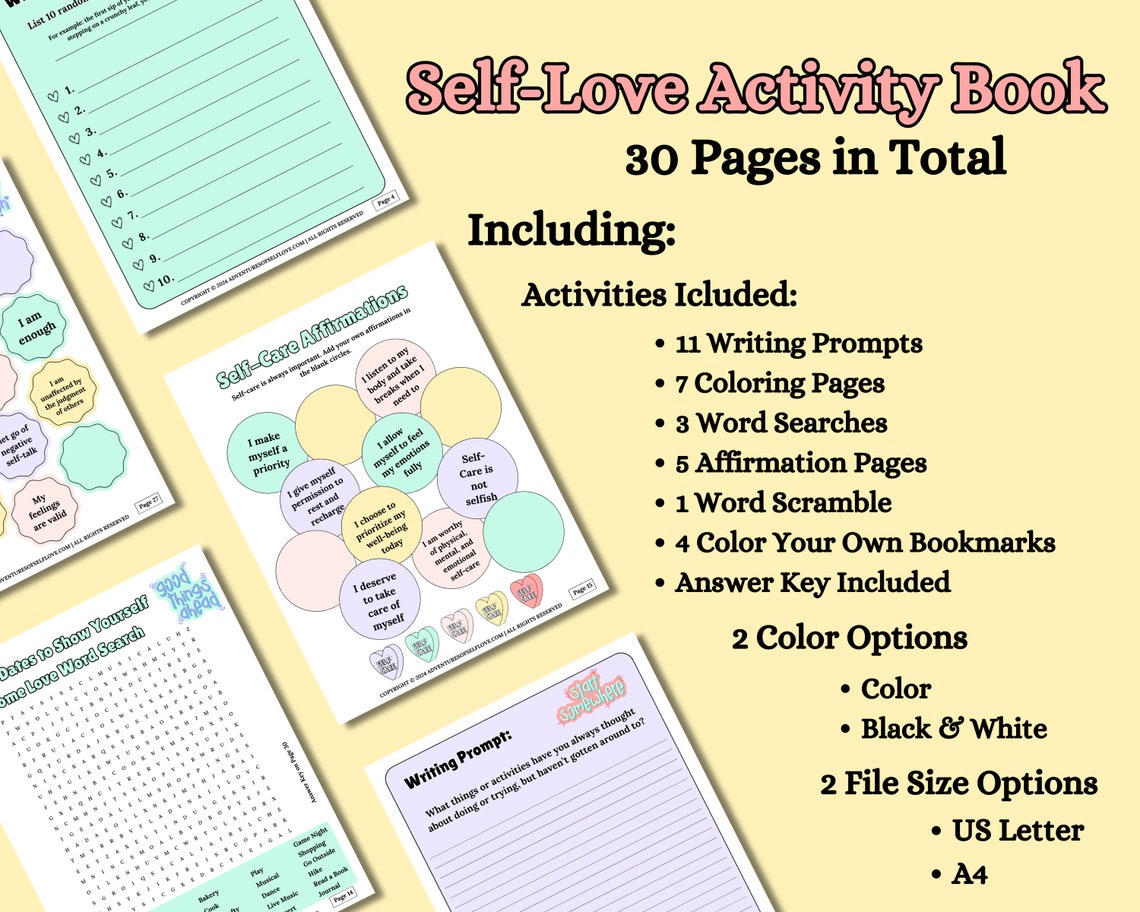 Self-love Activity Book Printable, Coloring Pages, Word Games, Adult ...
