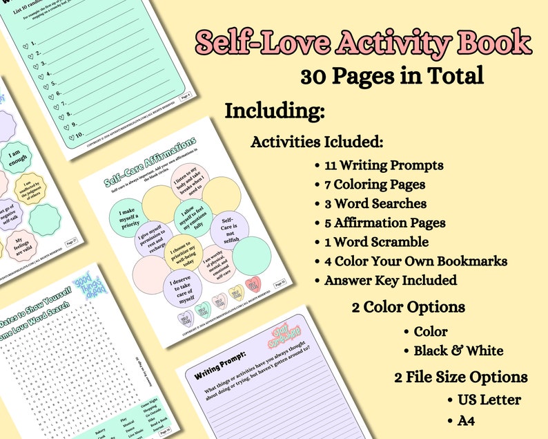 Self-love Activity Book Printable, Coloring Pages, Word Games, Adult ...