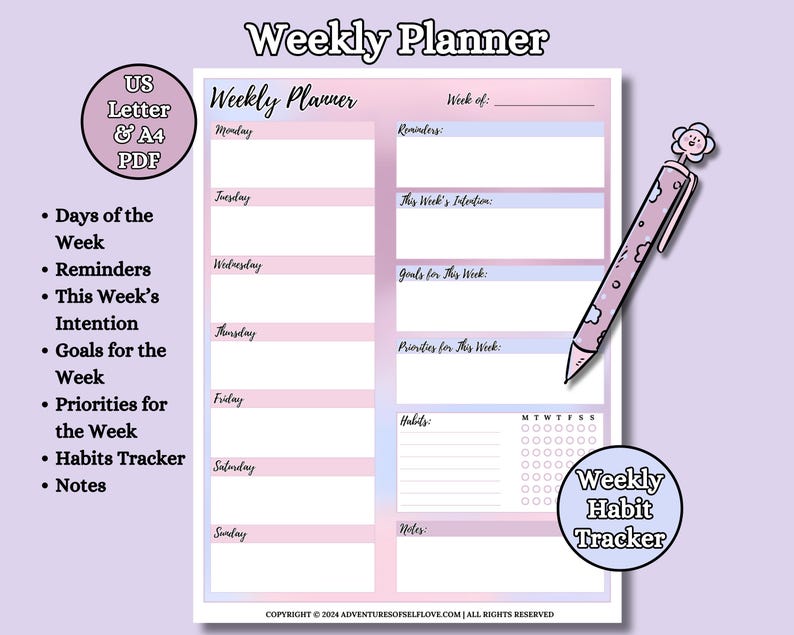 Daily Weekly Monthly Printable Planner Bundle, Pink, Purple, Undated ...
