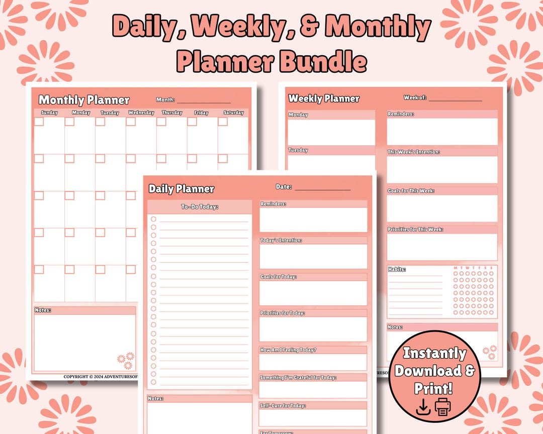 Daily Weekly Monthly Printable Planner Bundle, Orange Undated Planner ...