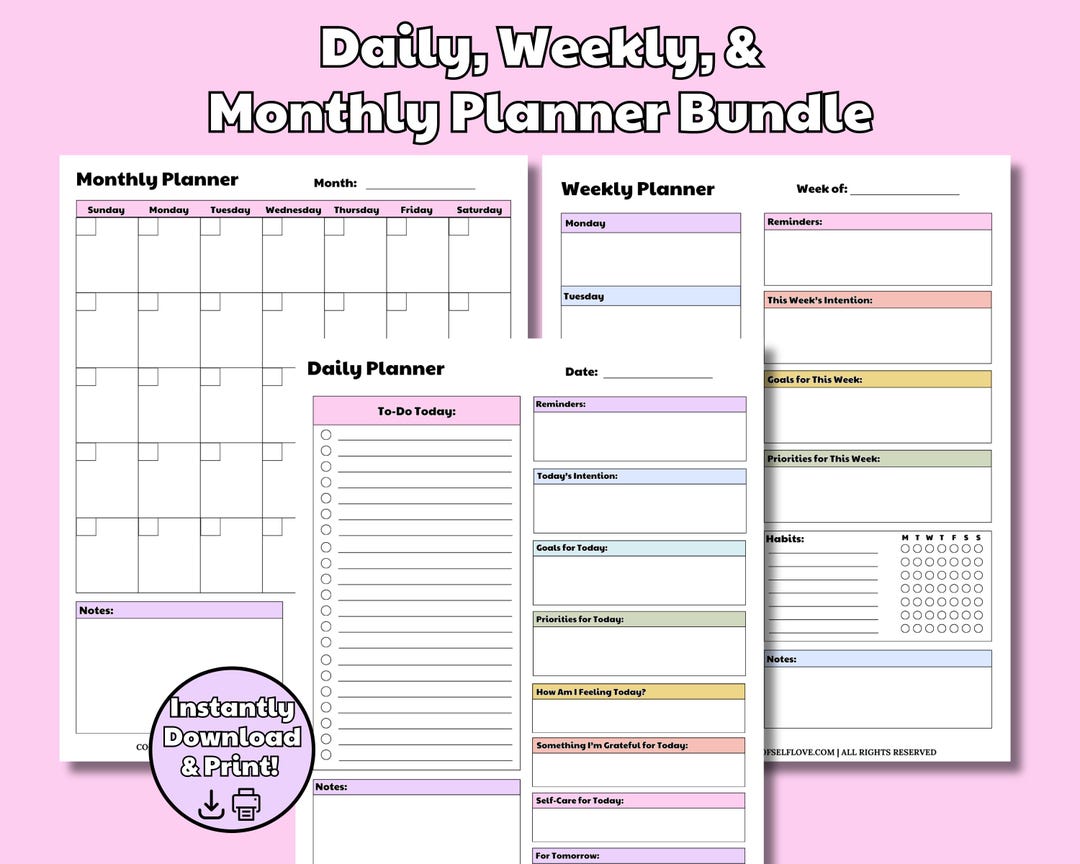Daily Weekly Monthly Printable Planner Bundle, Minimalist Undated ...