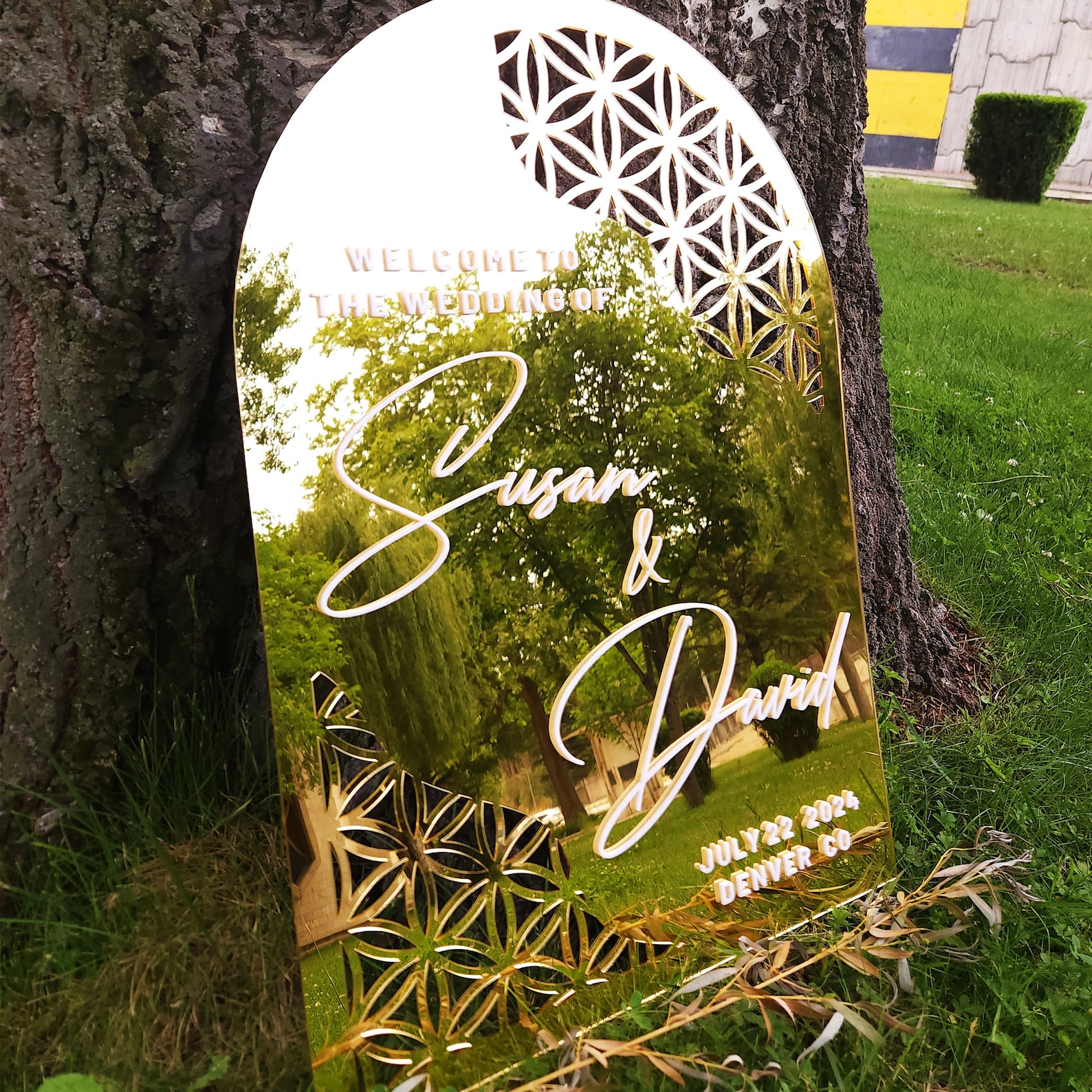 Gold Acrylic Wedding Sign, Flowers of Life Pattern Sign, Wedding ...
