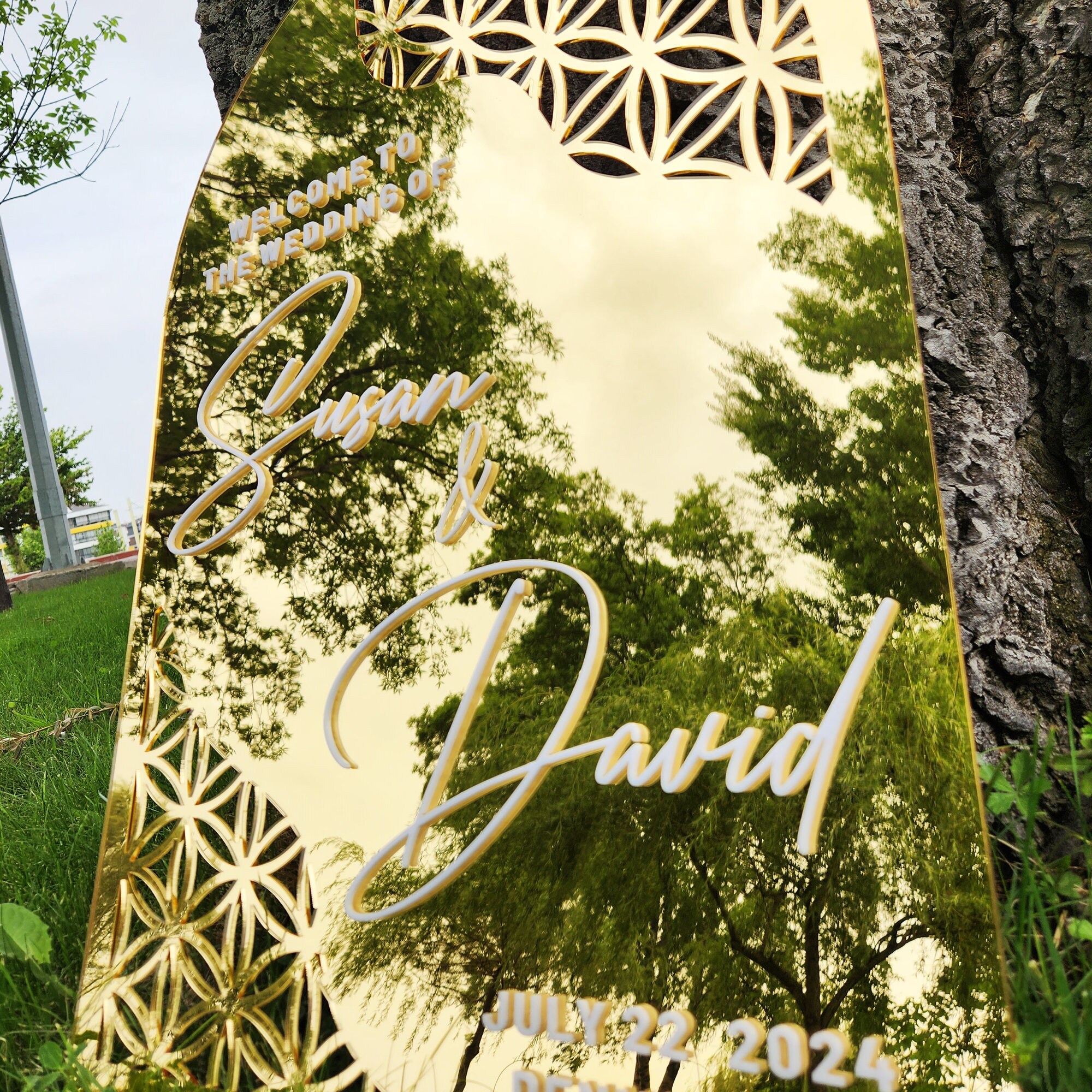 Gold Acrylic Wedding Sign, Flowers of Life Pattern Sign, Wedding ...