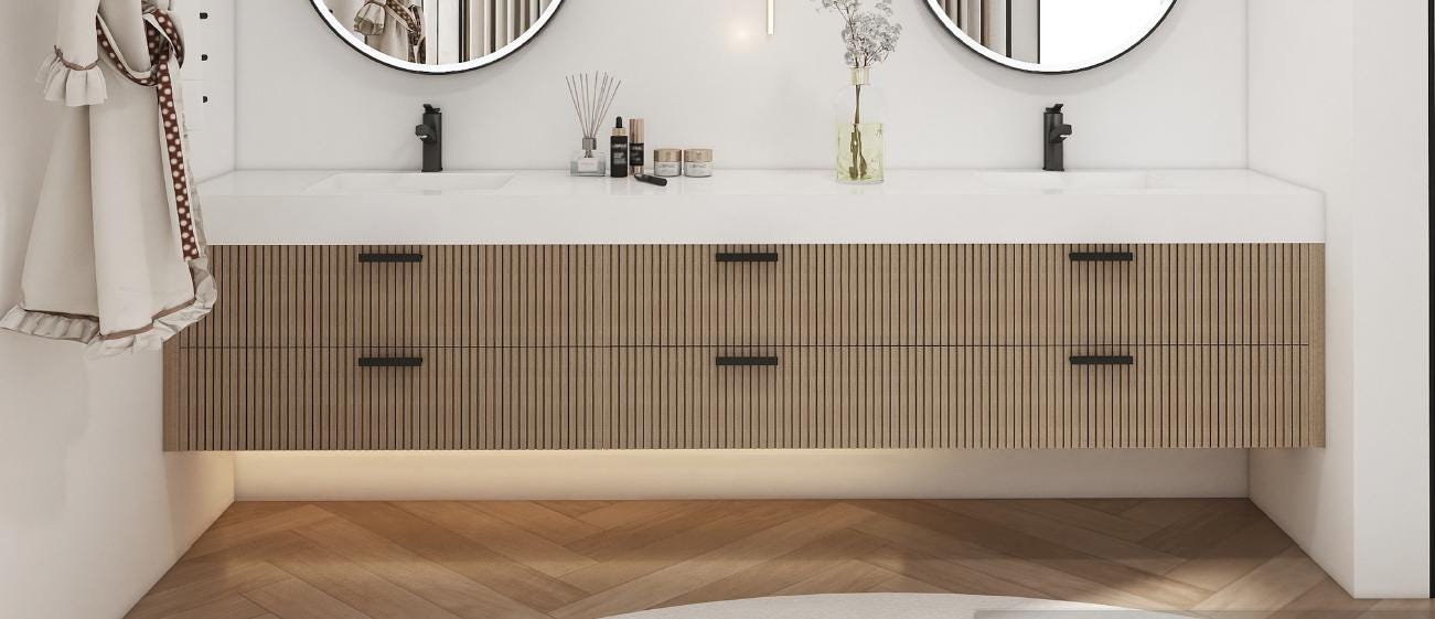 Floating Vanity With Oak Rounded Fluted 60 İnc , Fluted , Light Oak ...