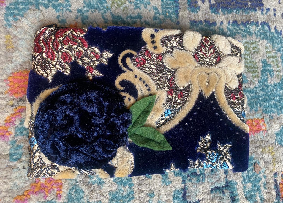 Pretty Vintage Blue and Gold Cut Velvet With a Blue Velvet Flower ...