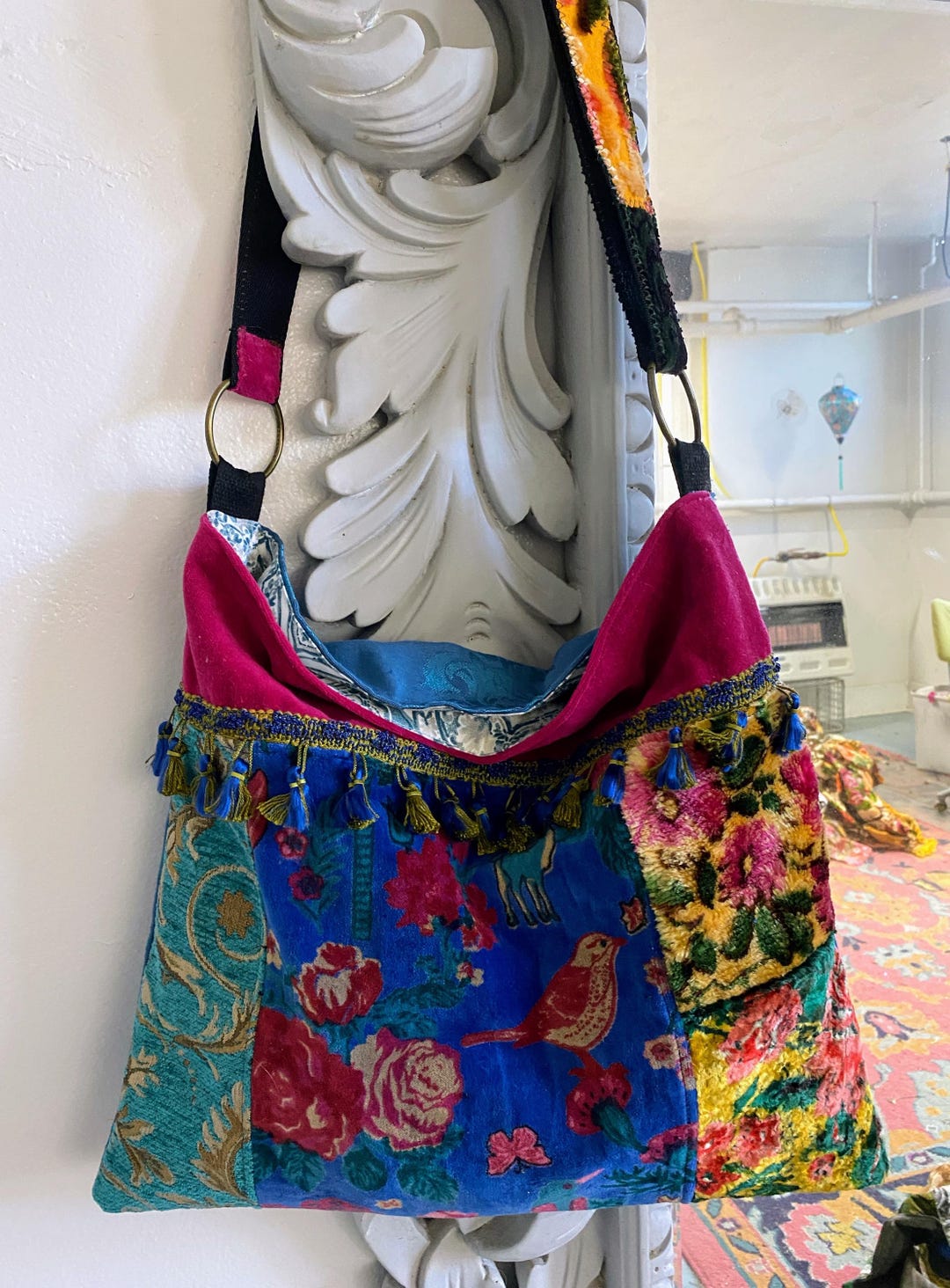 Fun Blue Pink Velvet Animal Floral Vintage Tapestry Crossbody Bag - Etsy