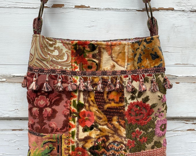 Orange Yellow and Green Floral Velvet Patchwork Bag With Tassels Crossbody Boho Bag With Fringe ...