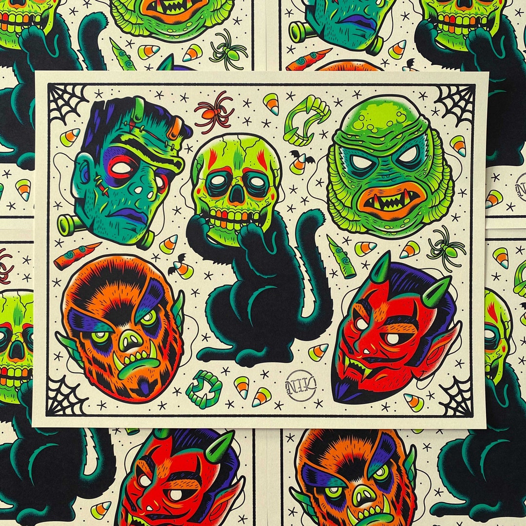 Vintage Halloween Trick or Treat Masks Traditional Tattoo Flash Art ...