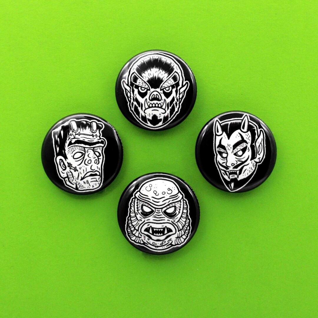 Halloween Monster Masks 1" Pin Set | Black and White Horror Button Pins ...