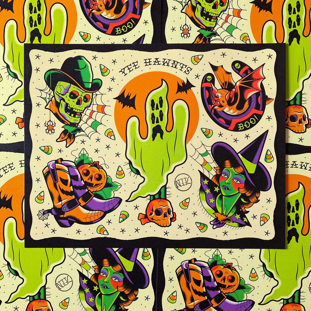 Yee Hawnt! Spooky Western Halloween Traditional Tattoo Flash Art Print ...